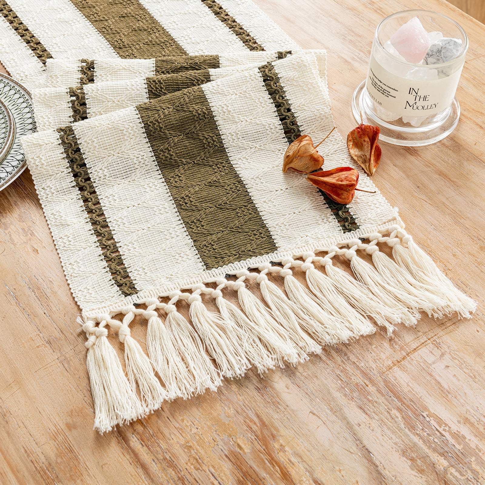 Fancy Homi Olive Green Table Runner 72 inches Long Boho Macrame Table ...
