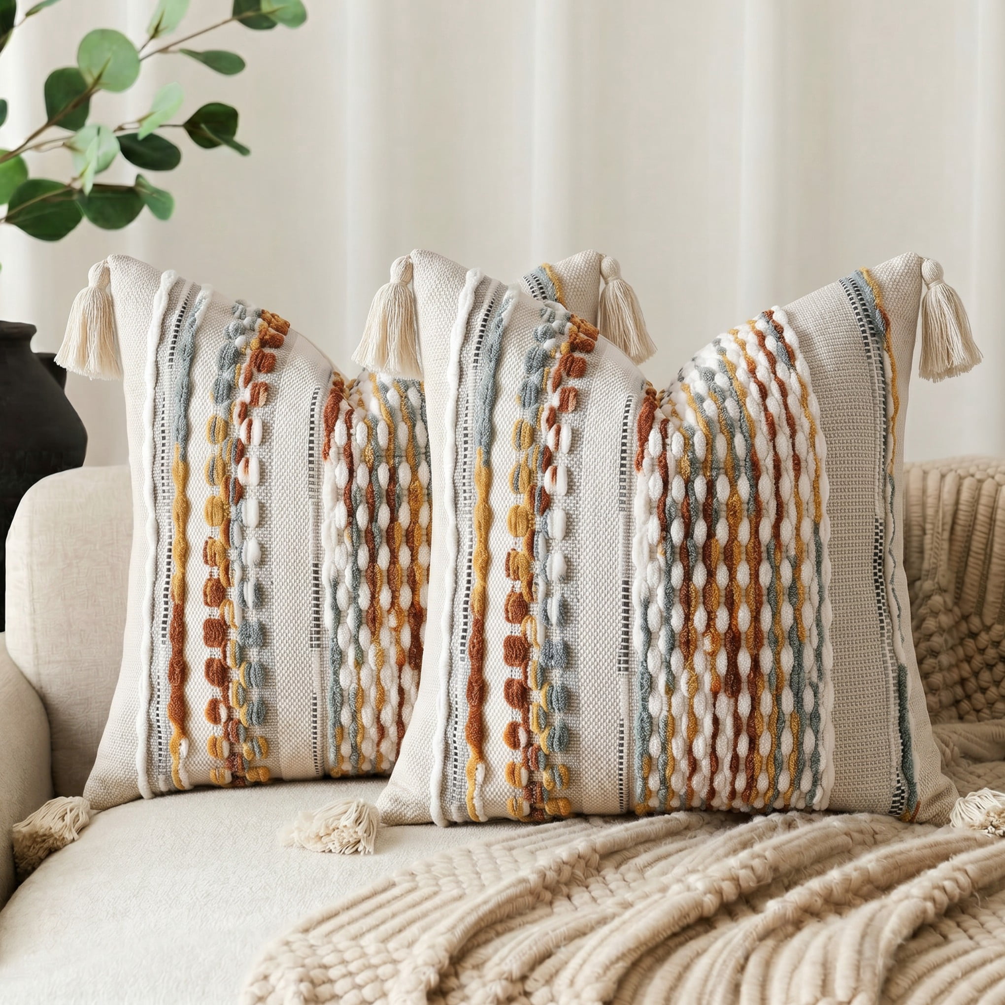 Fancy Homi Set of 2 Boho Brown Striped Textured Decorative Chenille ...