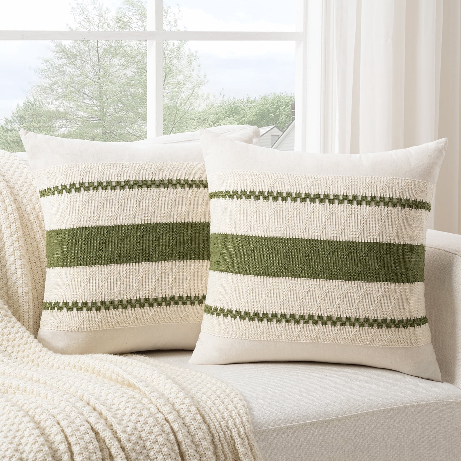 Fancy Homi Set of 2 Boho Moss Green Decorative Throw Pillow Cover 18x18 ...