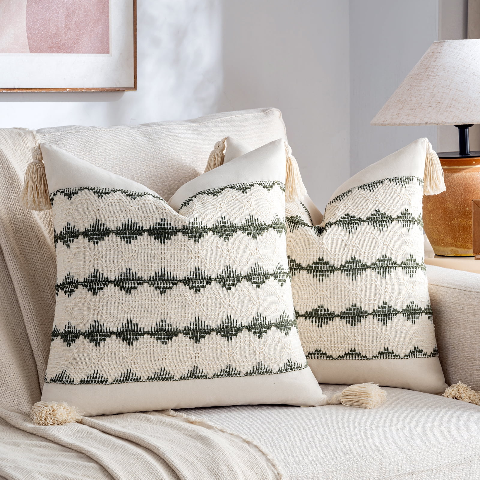 Fancy Homi Set of 2 Boho Olive Green Decorative Throw Pillow Cover ...