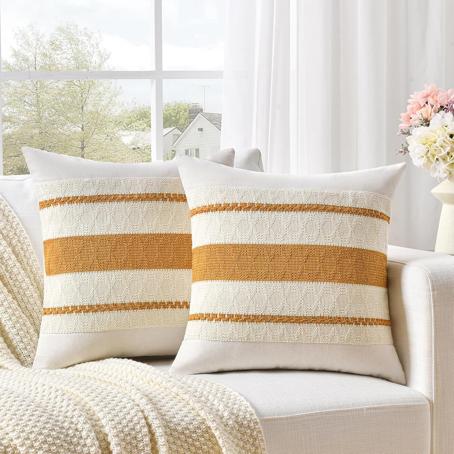 Fancy Homi Set of 2 Mustard Yellow Fall Decorative Throw Pillow Cover ...