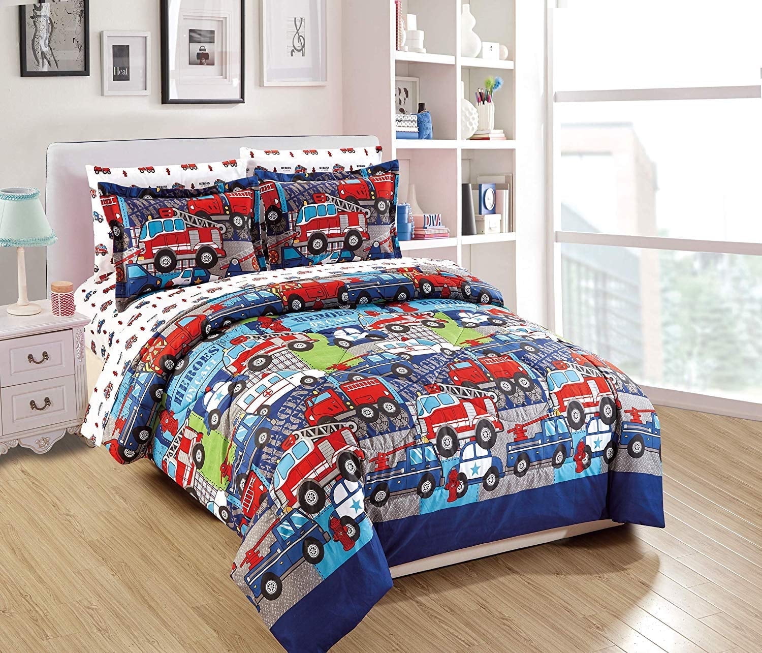 Fancy Linen 5-Piece Twin Comforter Set, Police Fire Truck Ambulance ...