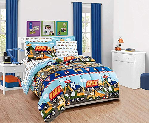 Fancy Linen Construction Zone Comforter and Sheet Set, Queen, Blue, Red ...