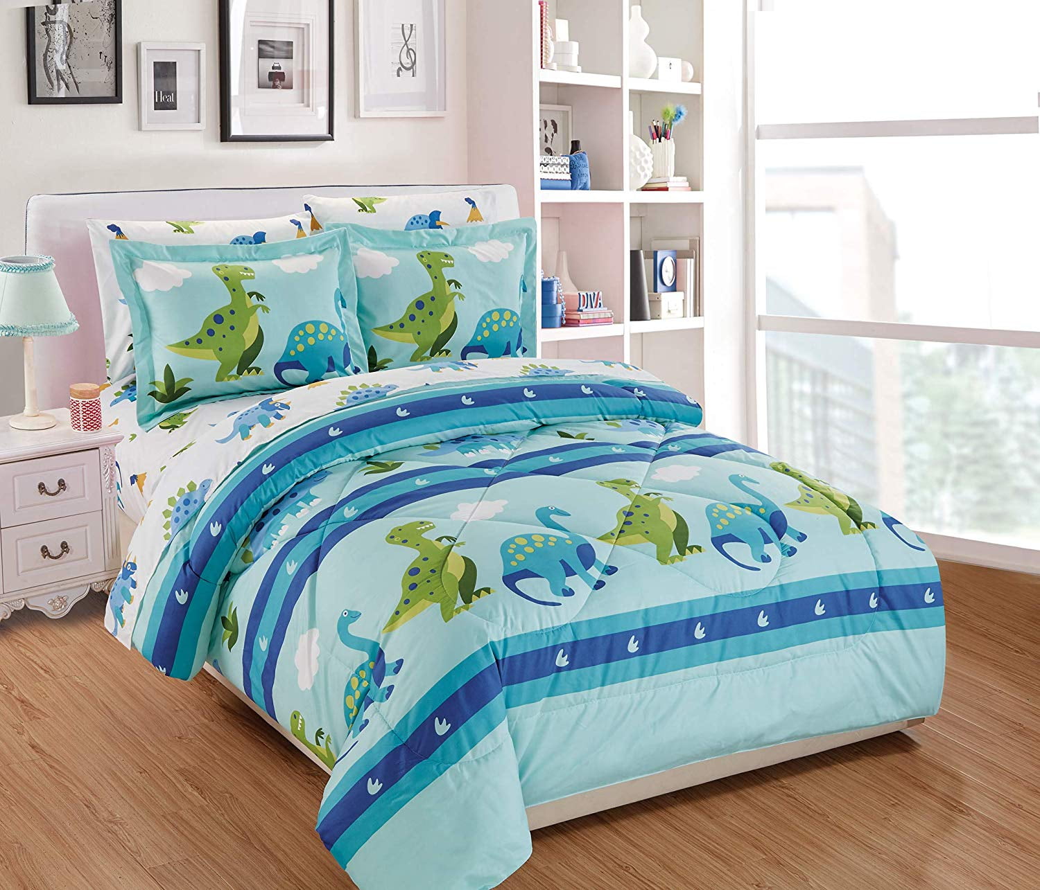 Fancy Linen Dinosaur 5pc Twin Comforter Set for Kids Rhino Aqua Green ...