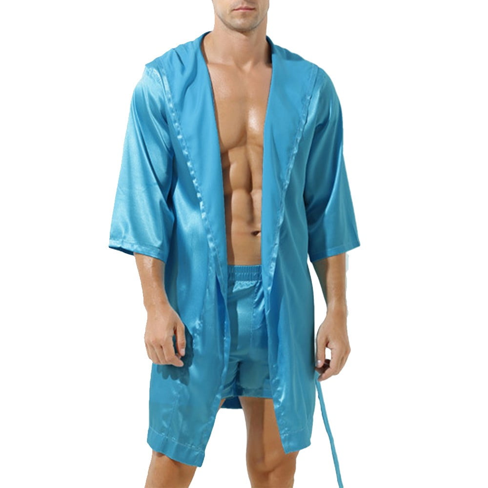 Fancy Men Hooded Loose Satin Silk Bathrobe Pajamas Sleepwear Gown Bath ...