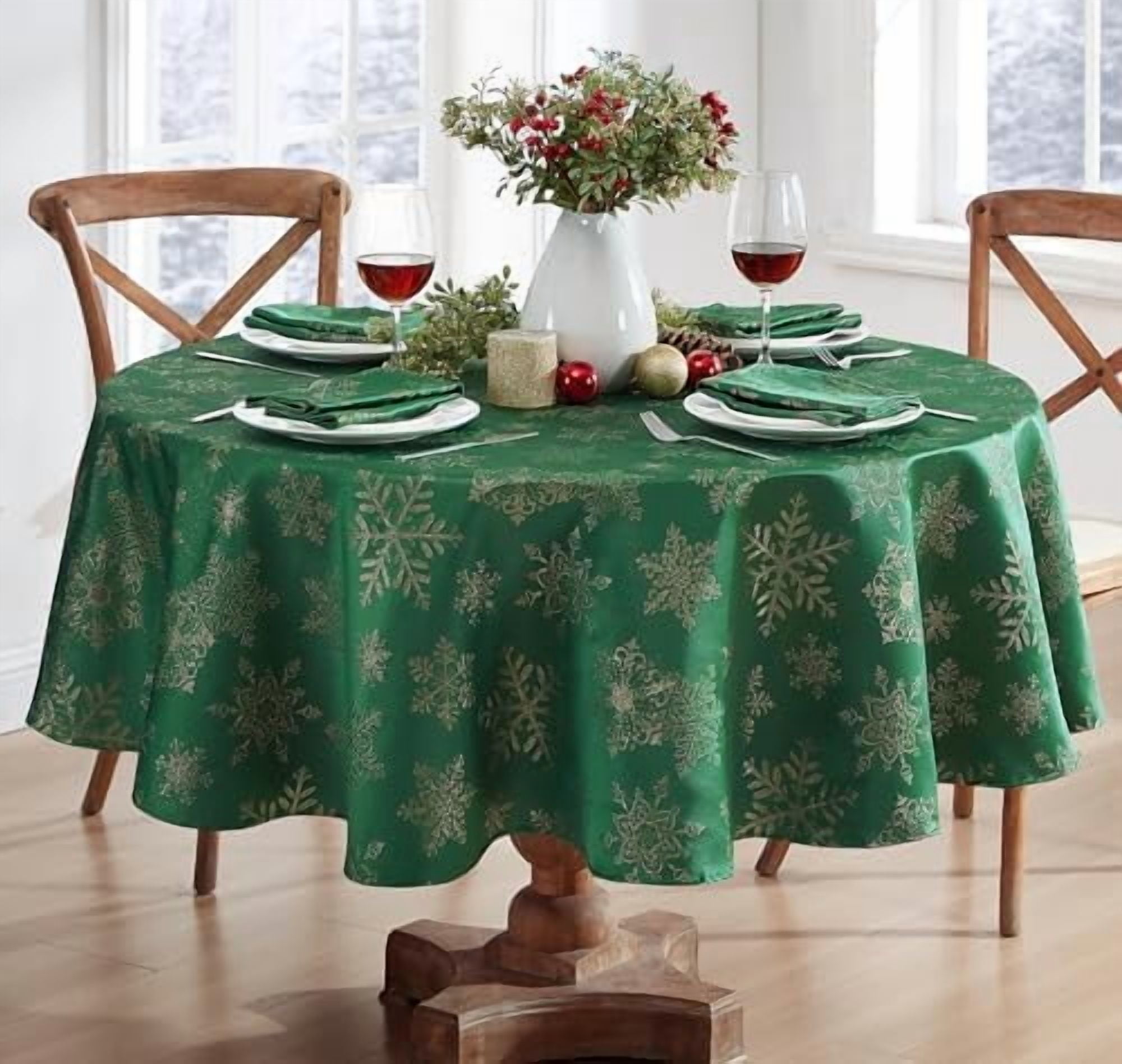 Fancy Metallic Snowflake Christmas Fabric Tablecloth, 70 Inch Round ...