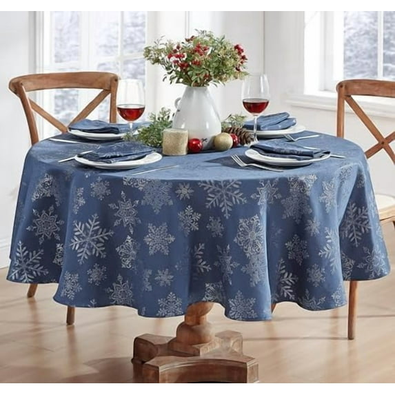 Fancy Metallic Snowflake Christmas Fabric Tablecloth, 70 Inch Round ...