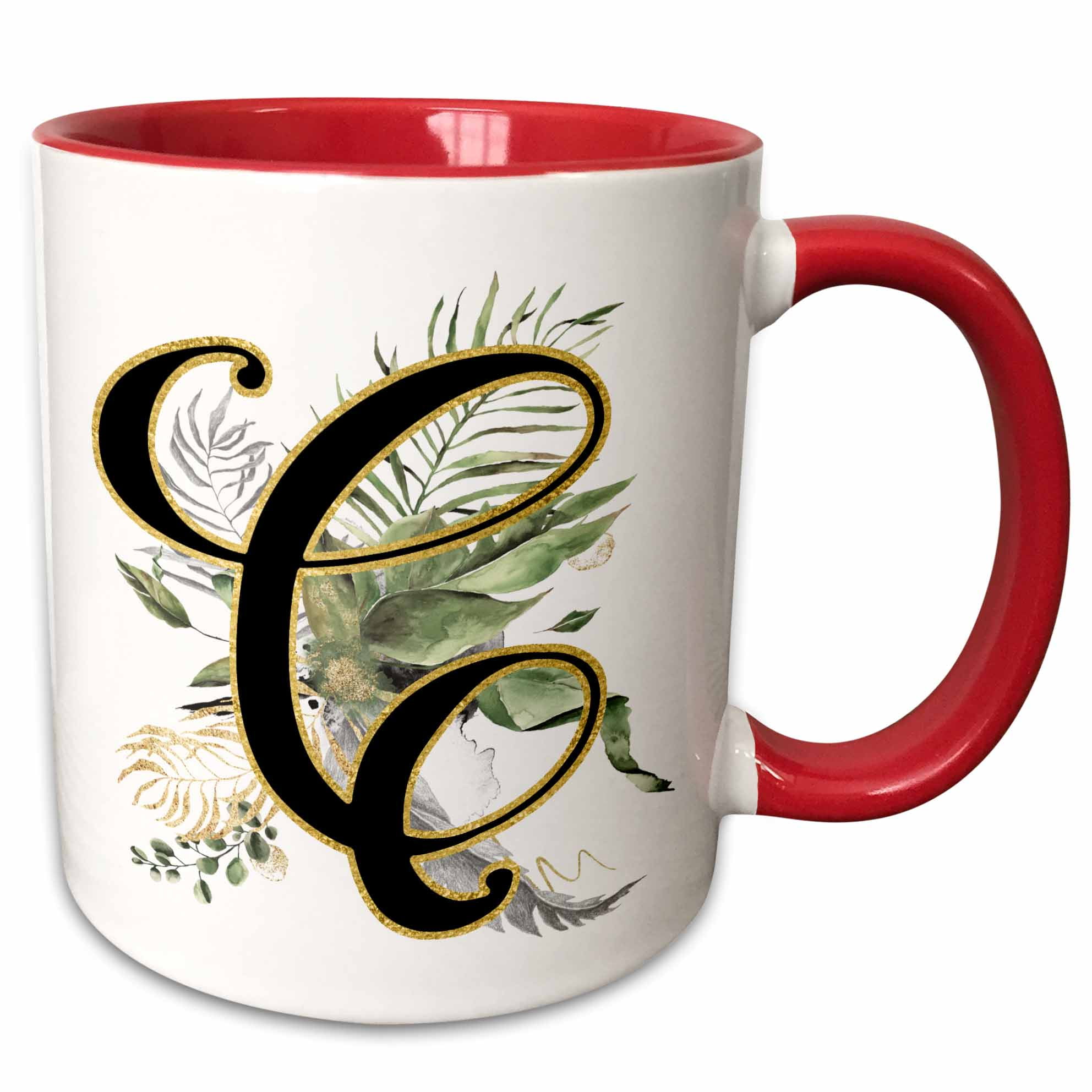 Fancy Monogram Initial C On Green Tropical Leaves 11oz Two-Tone Red Mug ...