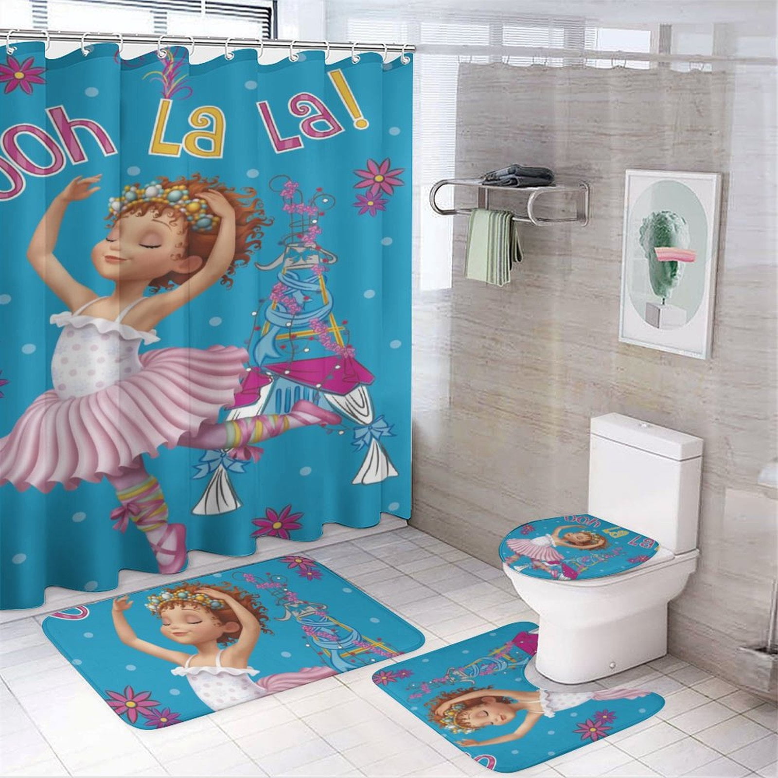 Fancy Nancy 4 Piece Shower Curtain Set with Non-Slip Rugs, Toilet Lid Cover and Bath Mat ...