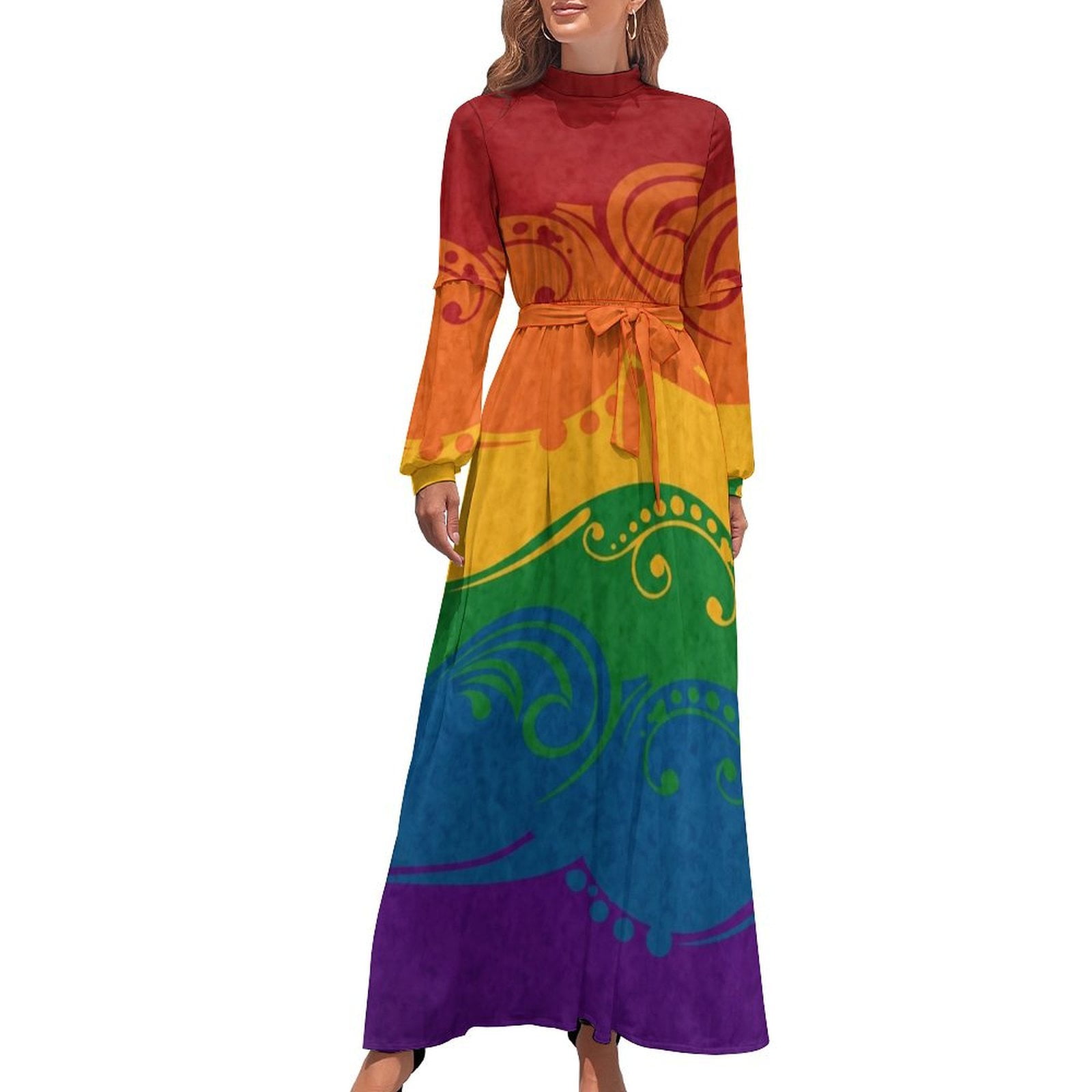 Fancy Swooped And Swirled Lgbtq Pride Flag Background Long Dress Dress