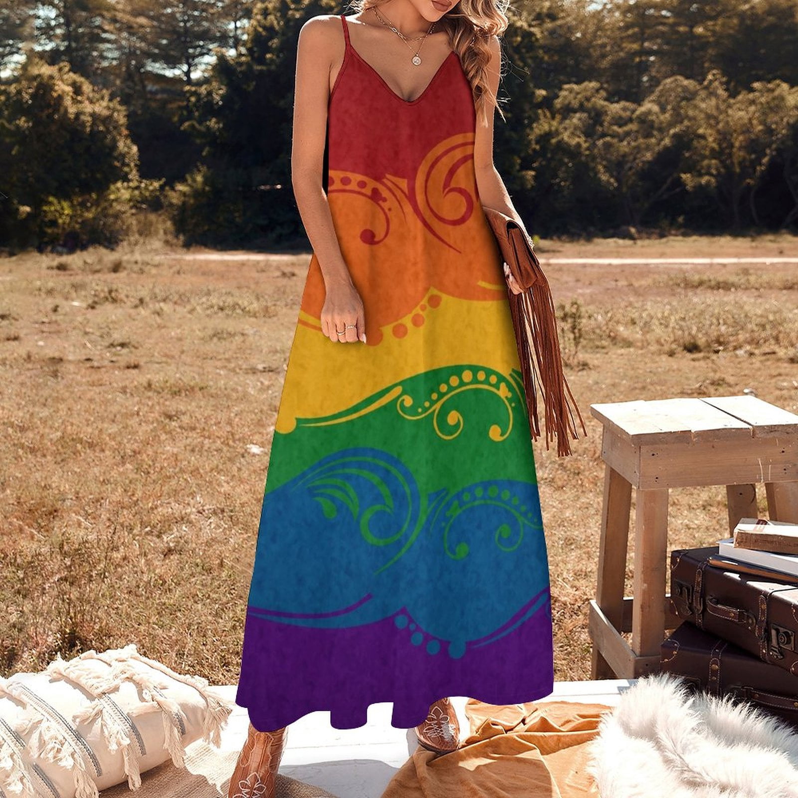 Fancy Swooped and Swirled LGBTQ Pride Flag Background Sleeveless Dress ...