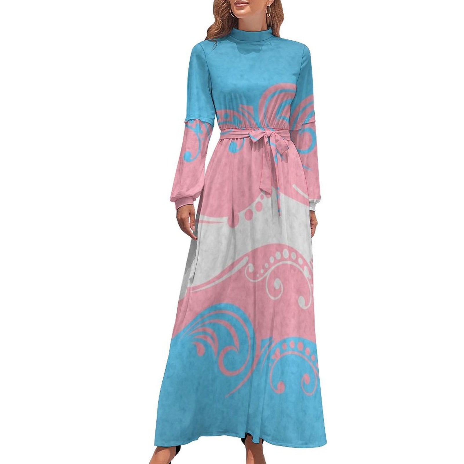 Fancy Swooped and Swirled Transgender Pride Flag Background Long Dress ...