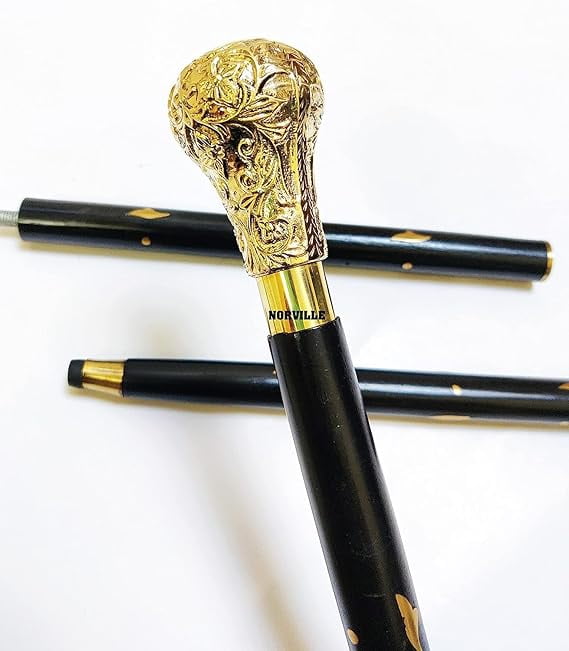 Fancy Walking Cane Black Wooden Walking Stick with Brass Handle for Men ...