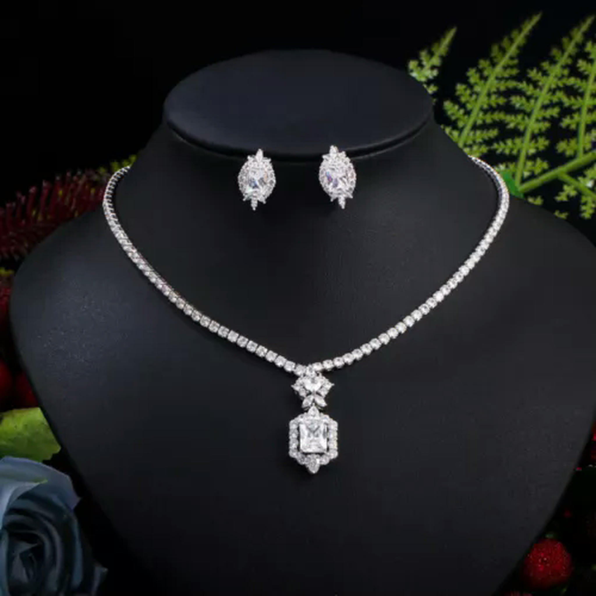 Fancy White Topaz Cubic Zircon Necklace Earrings Set for Brides Wedding ...