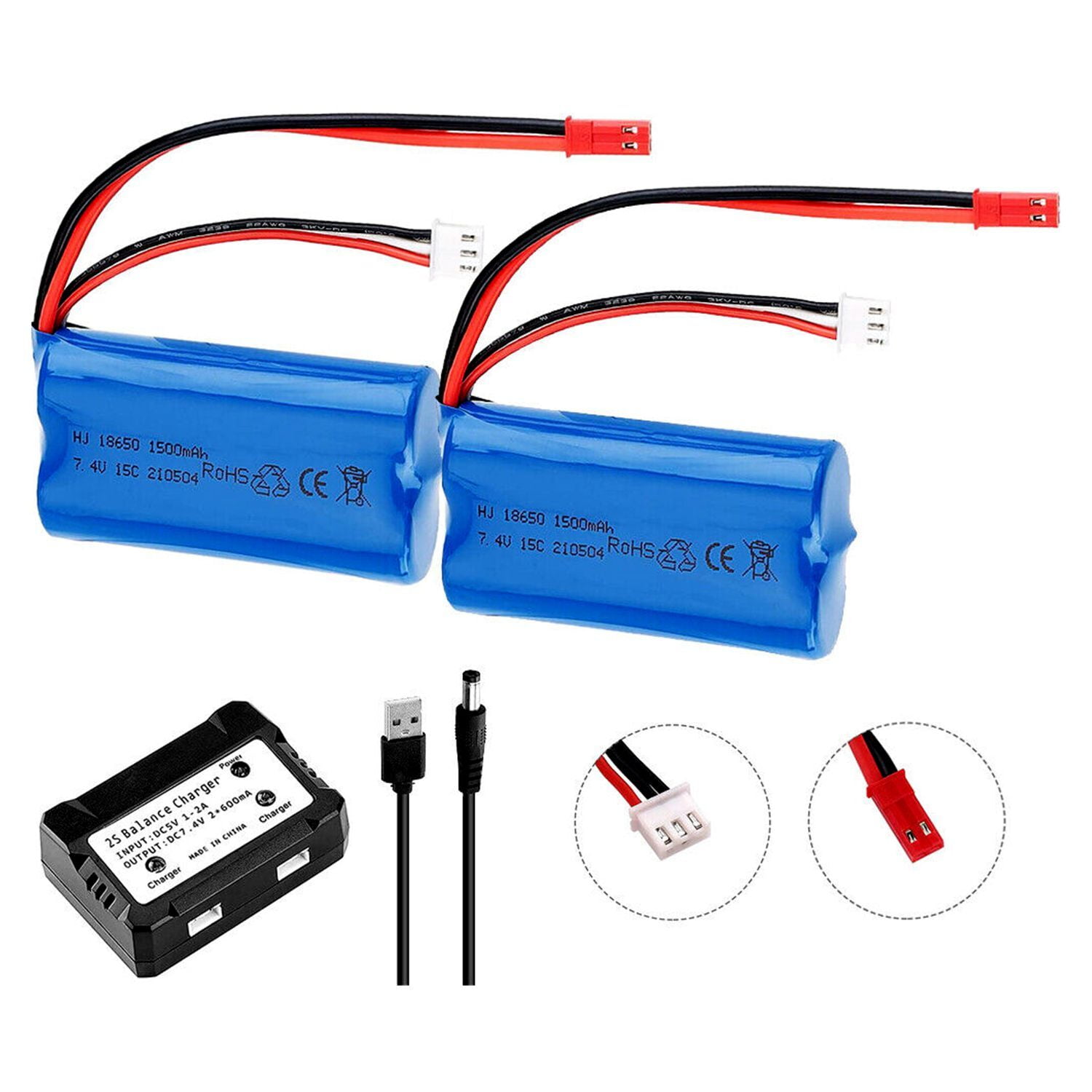 FancyWhoop Li-ion Battery 7.4V 1500mAh with JST Plug & Charger for RC Car Boat Helicopter MJX ...
