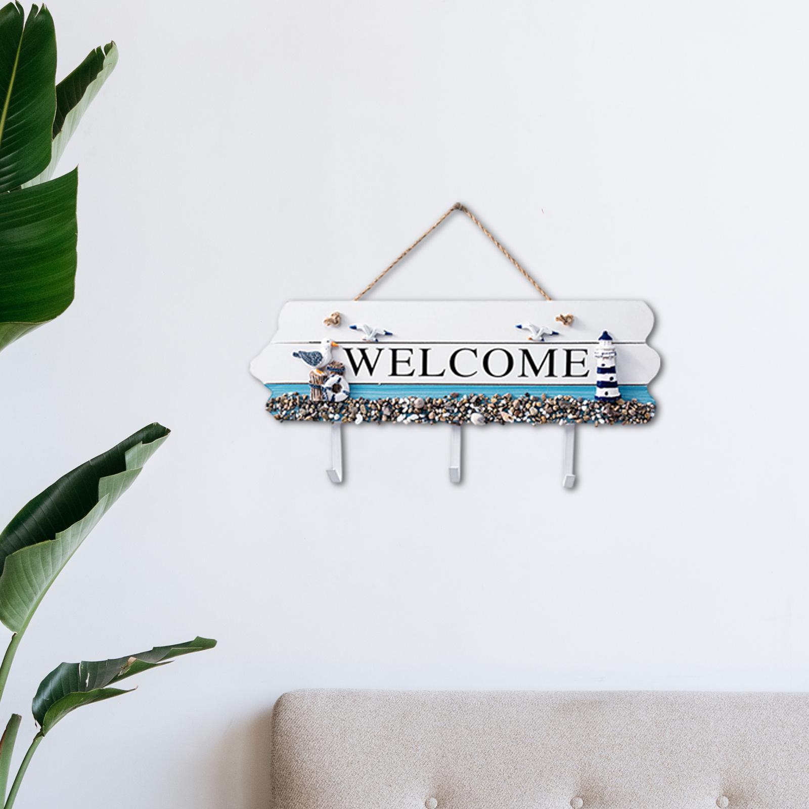 Fancyes Wooden Welcome Hook Rack Hanging Rustic Welcome Sign for Entryway Home Decor Blue with ...
