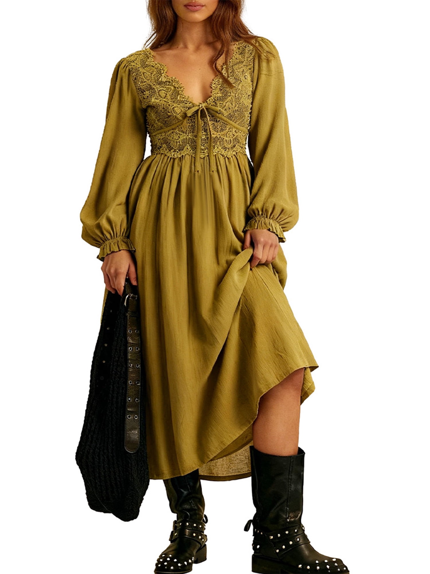 Fancyglim Dress for Women V-Neck Lantern Sleeve Smocked Waist Flowy ...