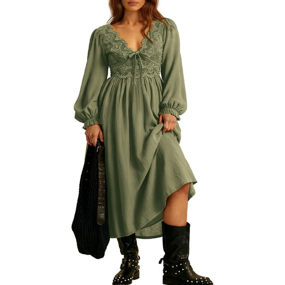 Fancyglim Dress for Women V-Neck Lantern Sleeve Smocked Waist Flowy ...