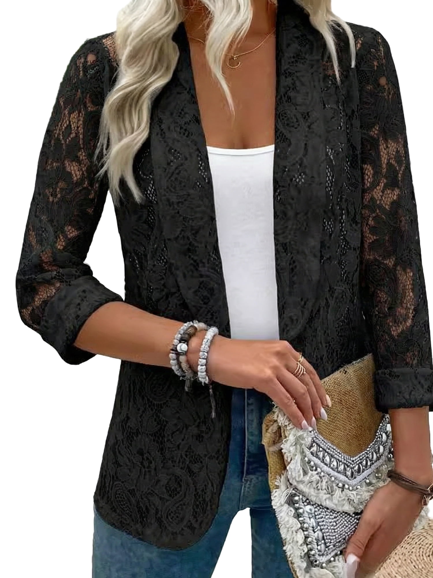 Fancyglim Lace Cardigan for Women Open Front Long Sleeve Sheer Lace ...