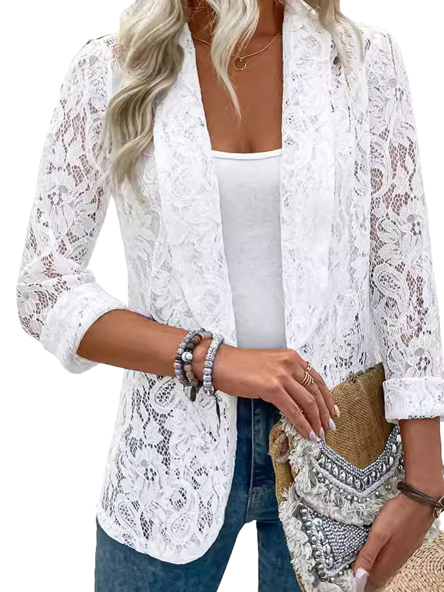 Fancyglim Lace Cardigan for Women Open Front Long Sleeve Sheer Lace ...