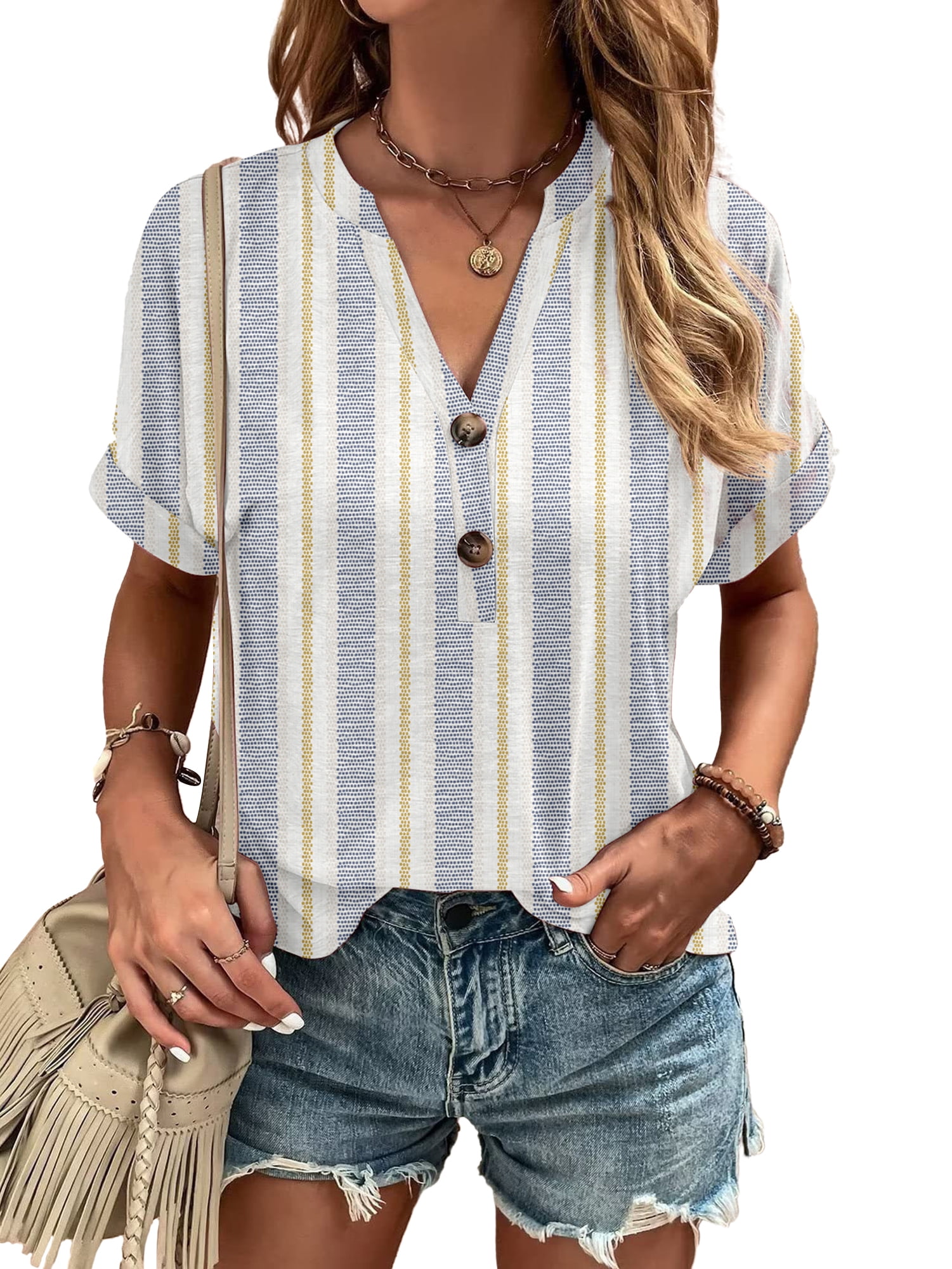 Fancyglim Plus Size Henley Blouses for Women V Neck Short Sleeve Floral ...