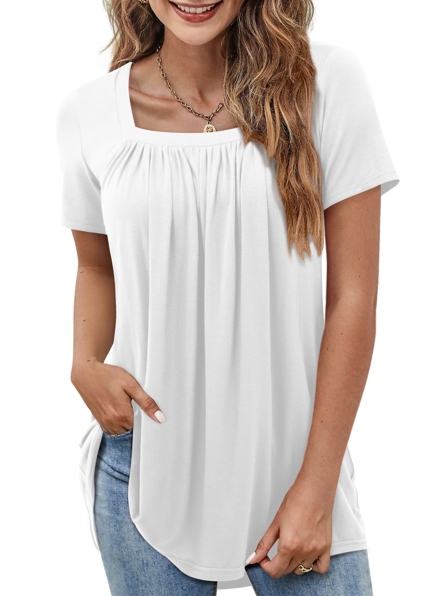Fancyglim Square Neck Tops for Woman Short Sleeve Pleated Tunic Long ...