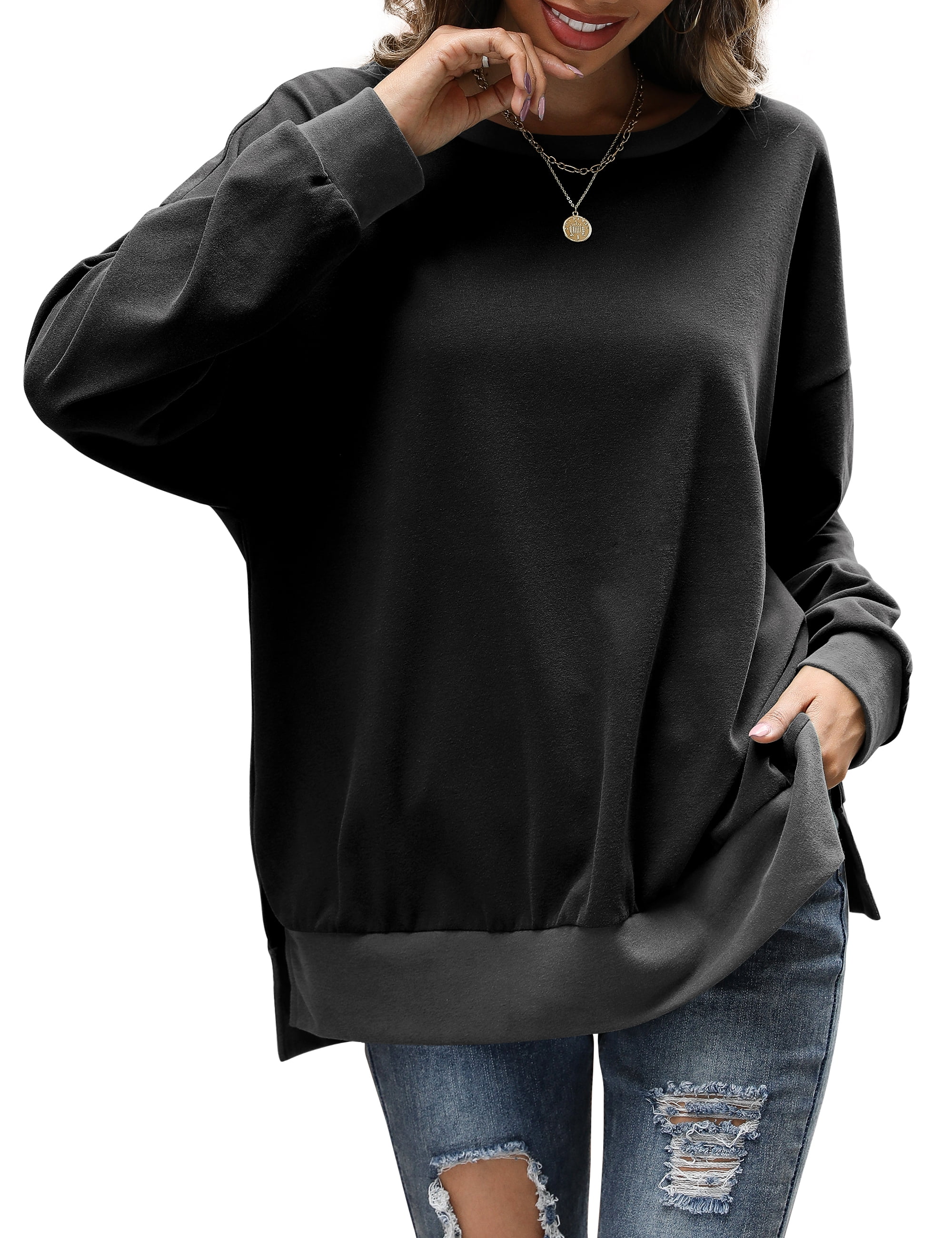 Fancyglim Sweatshirts for Women Color Block Crew Neck Tops Long Sleeve ...