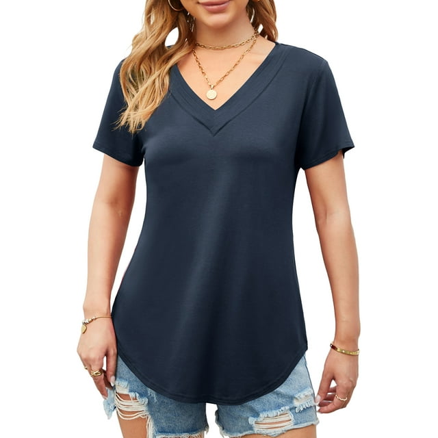 Fancyglim Tops for Woman Short Sleeve Tunic Tee V Neck Shirts Curved ...
