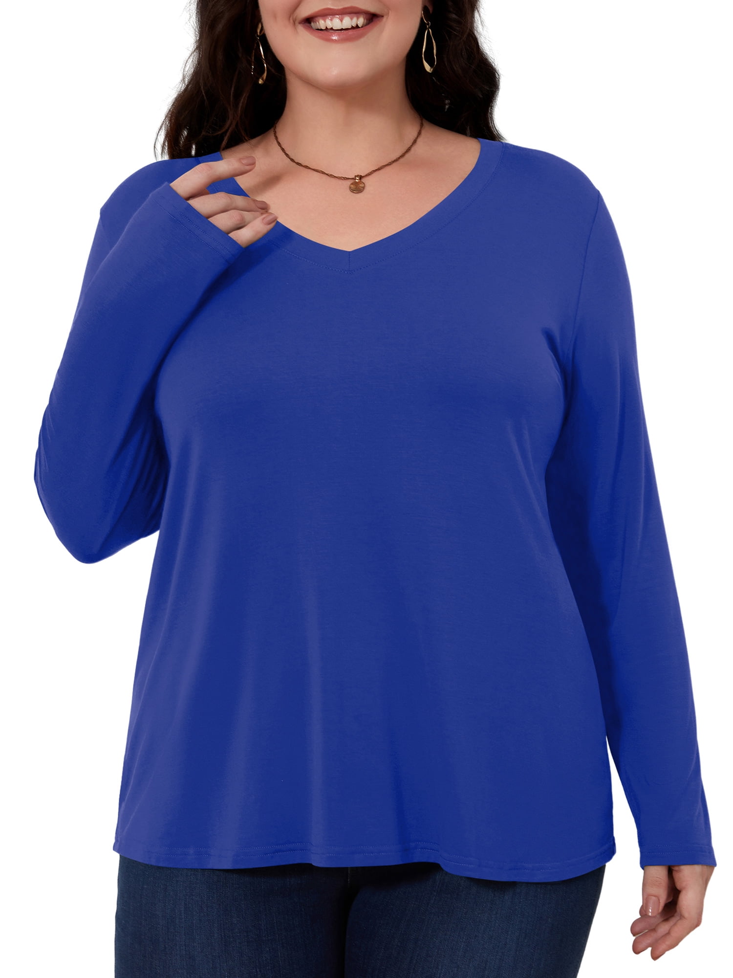Fancyglim V Neck T Shirts for Women Plus Size Long Sleeve Solid Tunic ...