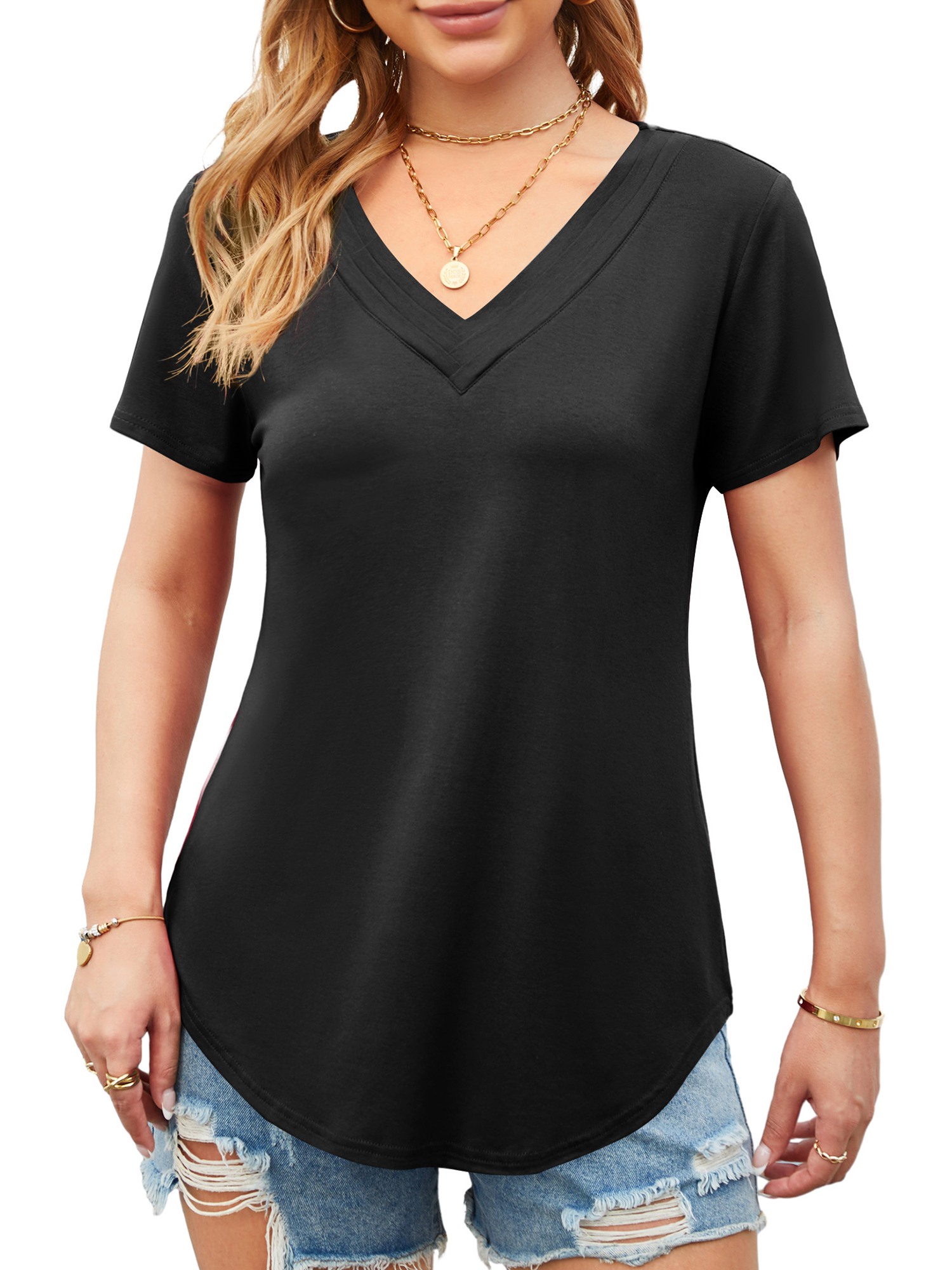 Time and Tru Women's Essential Short Sleeve V-Neck T-Shirt - Walmart.com