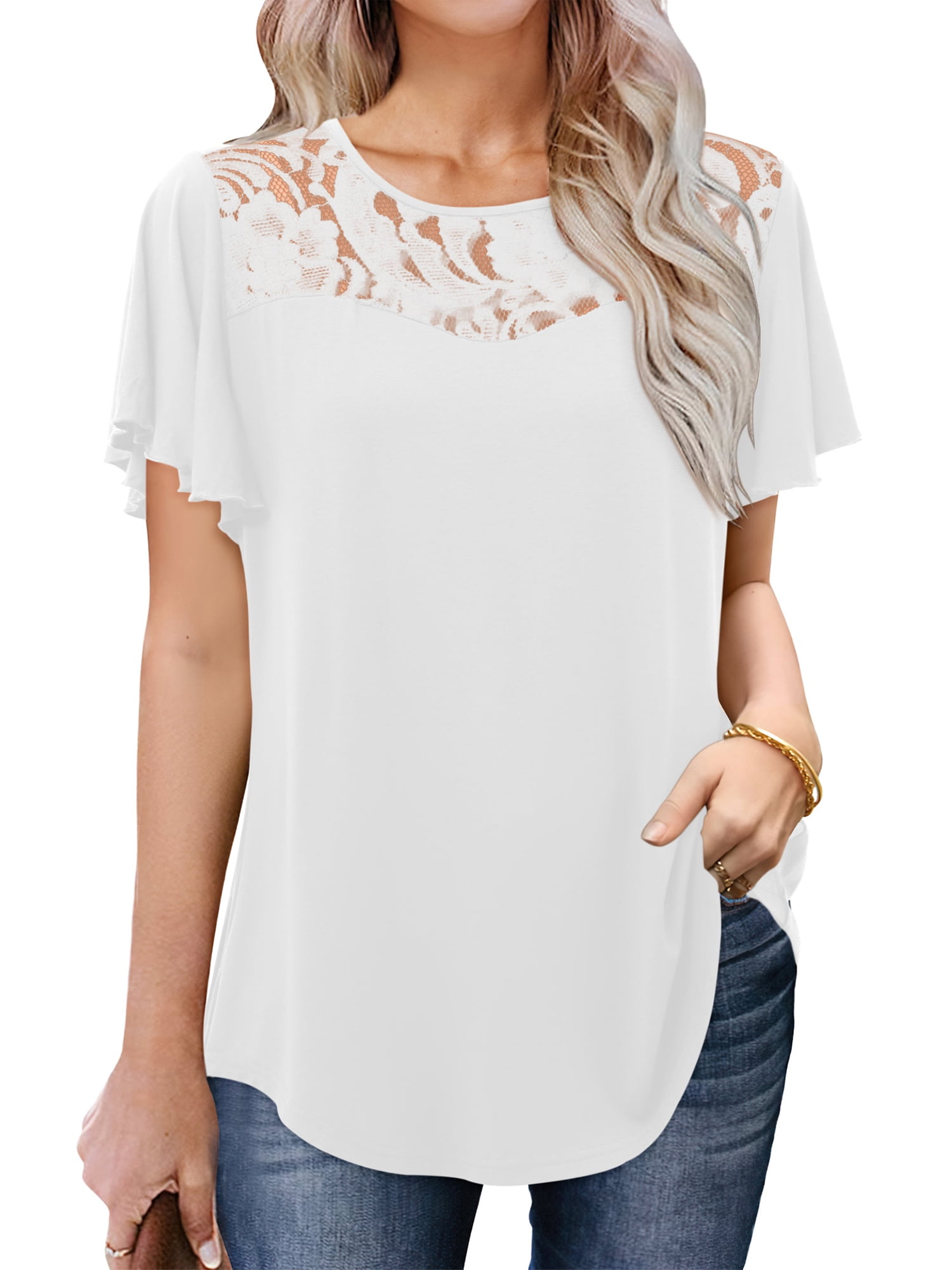 Fancyglim Woman Plus Tops Short Ruffled Sleeve Lace T Shirts Curved Hem ...