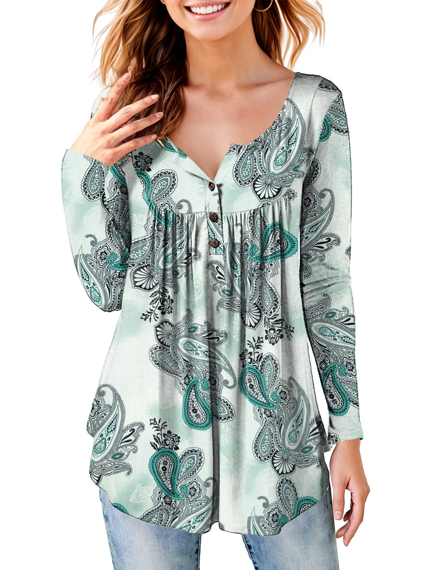 Fancyglim Women Long Sleeve Tunic Tops V Neck Pleated Tunic Blouses T ...