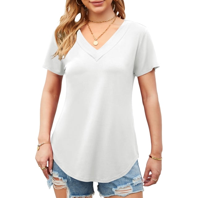 Fancyglim Women Long T-shirts Casual Shirts Curved Hem Bacis Tops ...