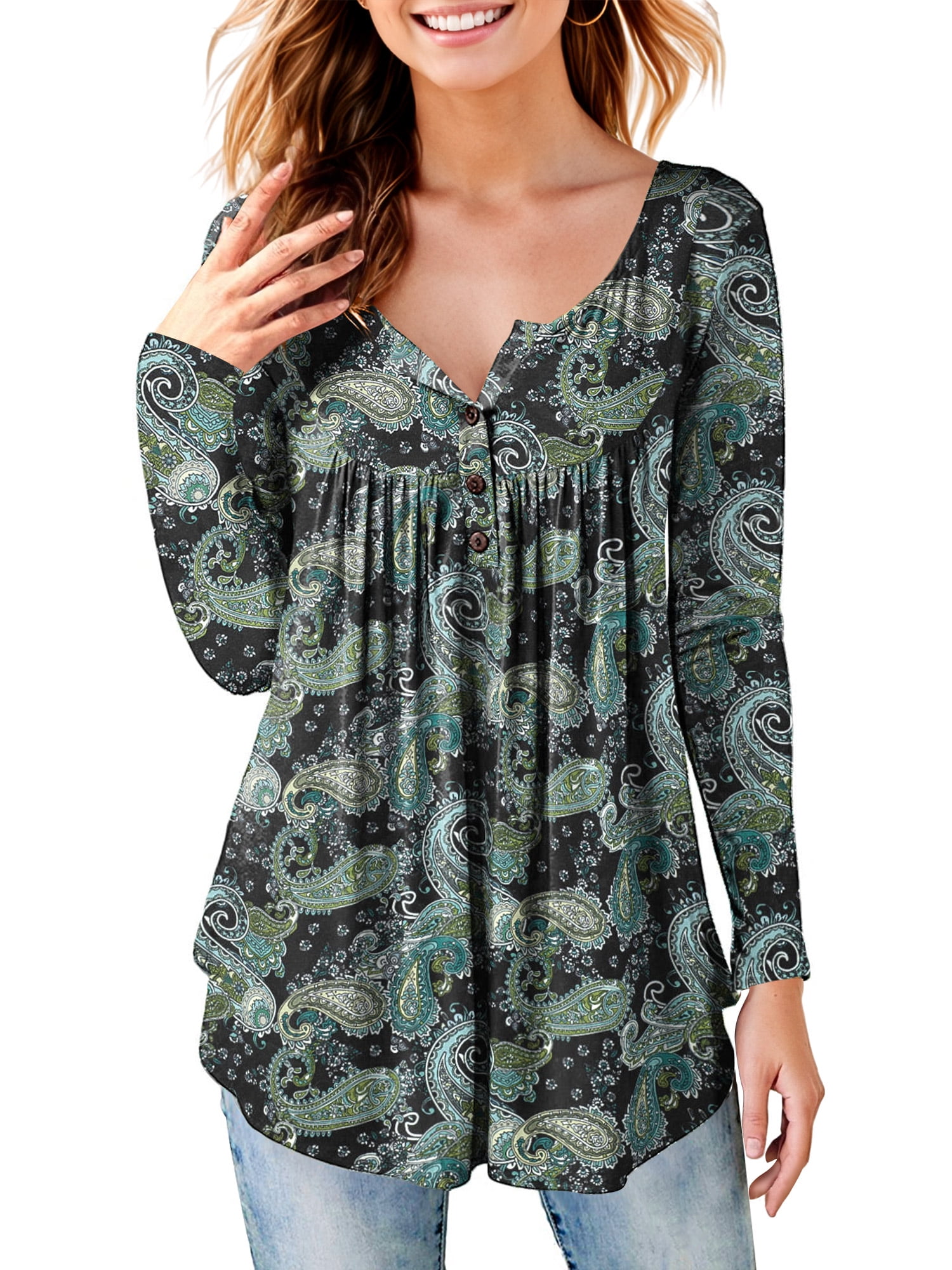 Fancyglim Women Plus Henley Shirt Casual Long sleeve V Neck Flared ...