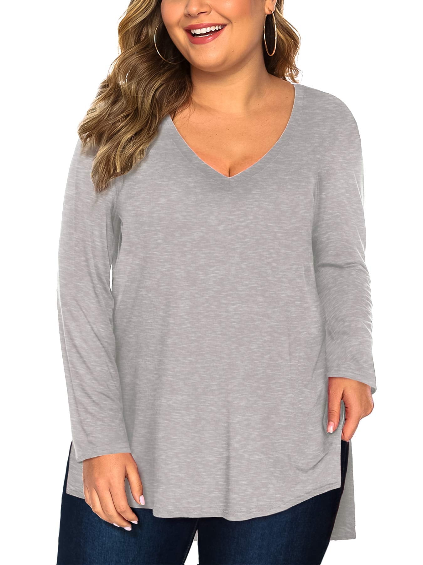Fancyglim Women Plus Size Long Sleeve T Shirts V Neck High Low Tops ...