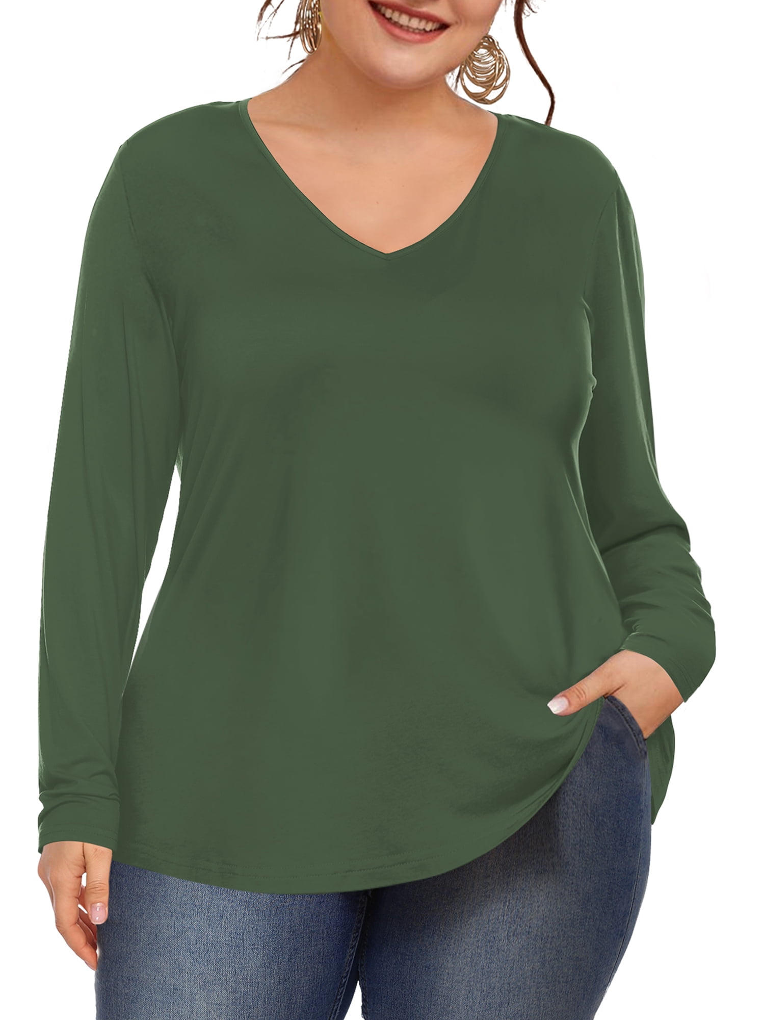Fancyglim Women Plus T-shirt Casual V Neck Long Sleeve Loose Tunic Tops ...