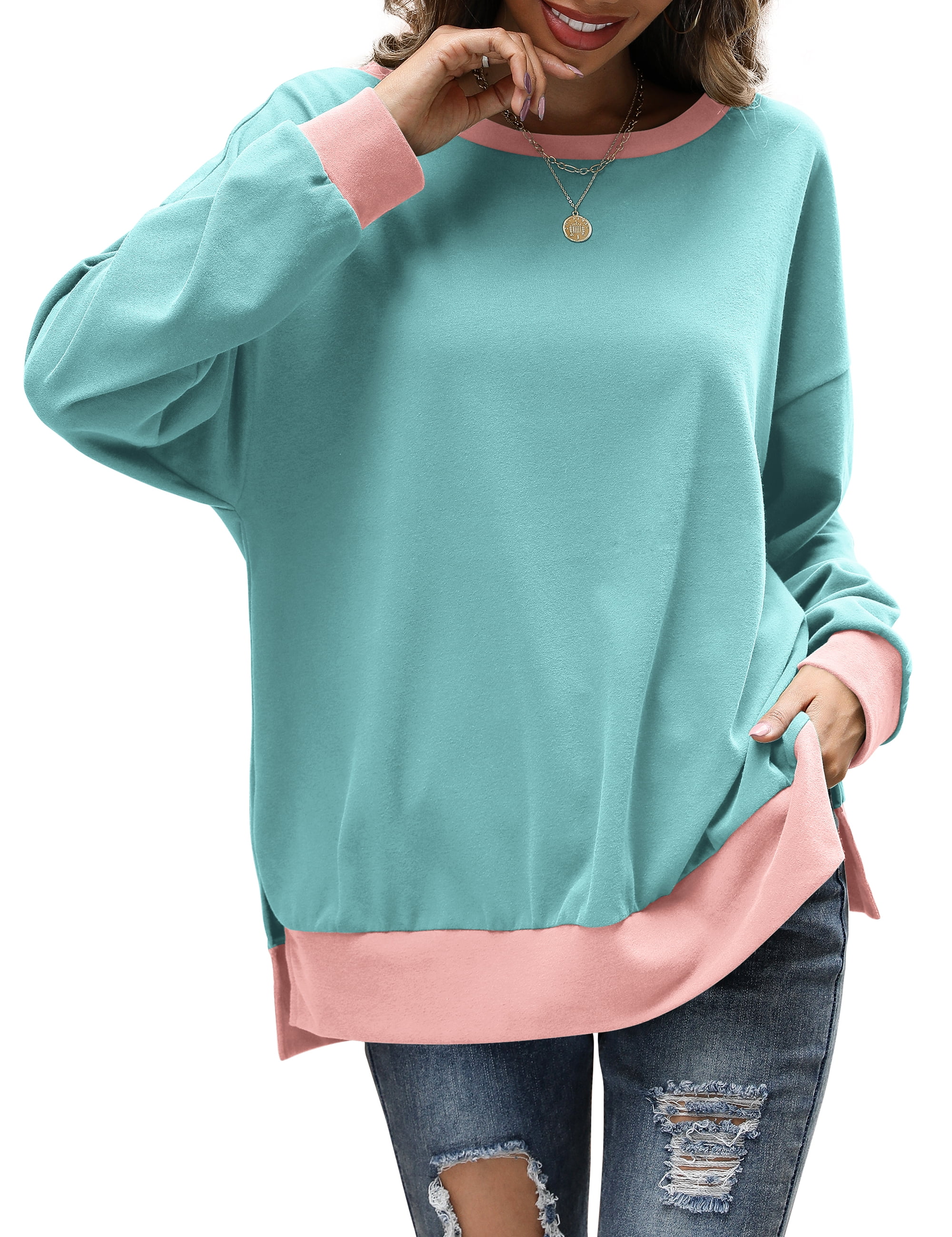 Fancyglim Women Sweatshirt Crewneck Long Sleeve Shirts Color Block ...