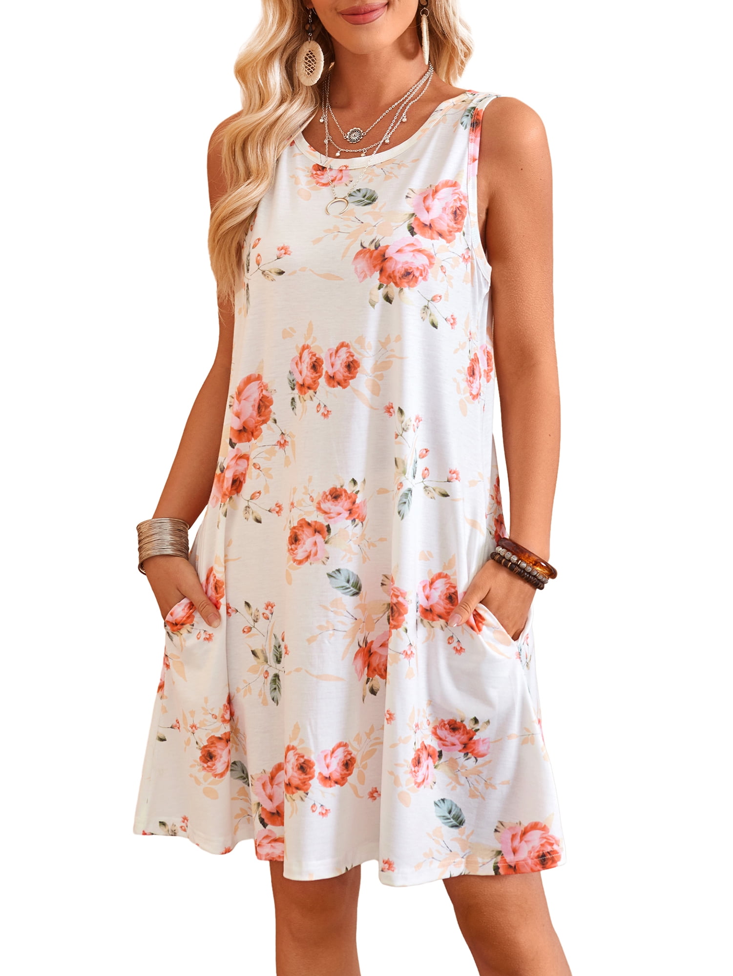 Fancyglim Women White Tank Dress, Flowy Summer Casual Beach Dress with ...