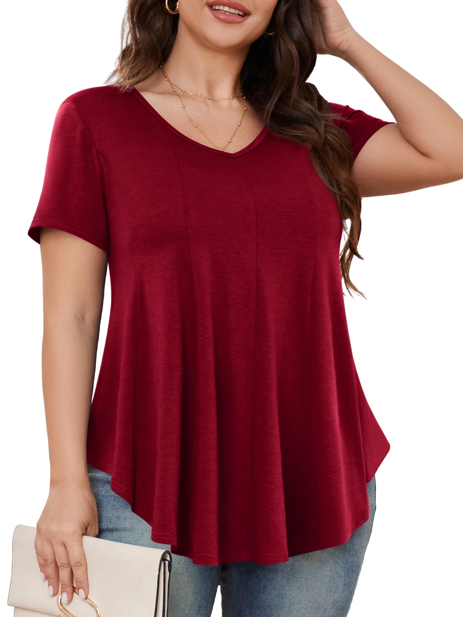 Fancyglim Women Tunic Tops V-Neck Short Sleeve A Line Blouse Summer ...