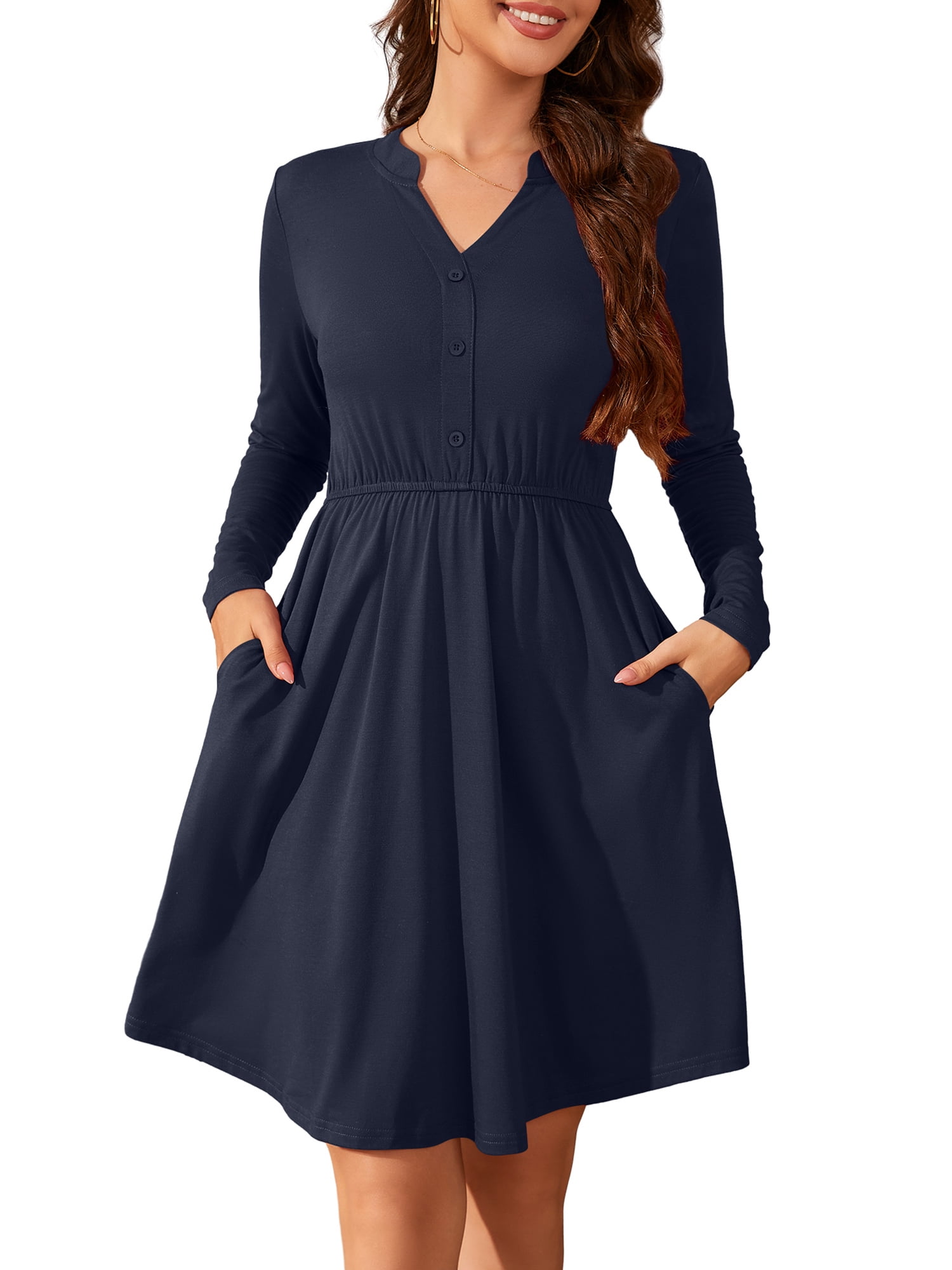 Fancyglim Women's Long Sleeve Casual Dresses Casual Loose V Neck Button ...