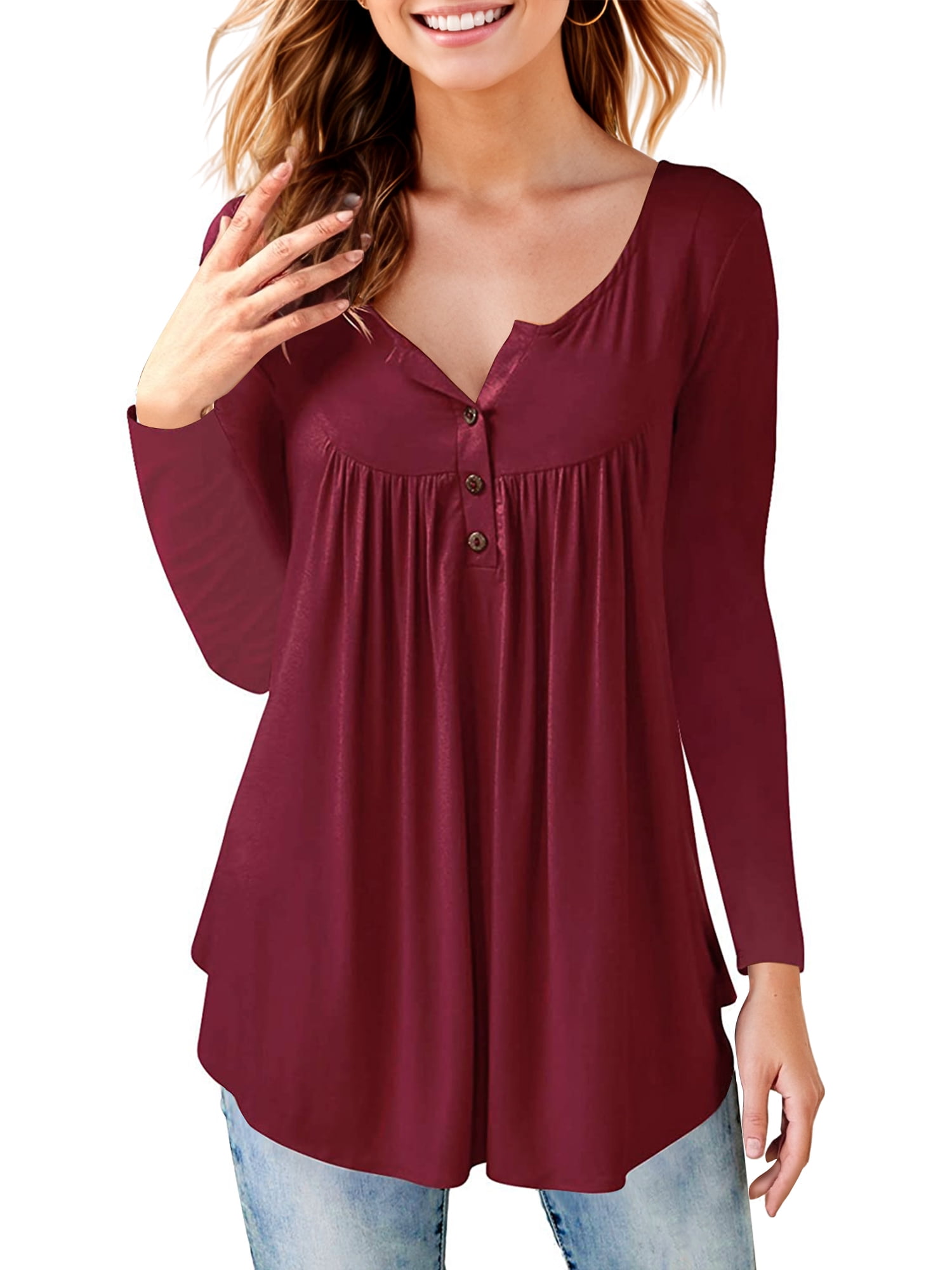Fancyglim Women's Long Sleeve Henley Tunic Top, Stretchy Pleated Blouse ...