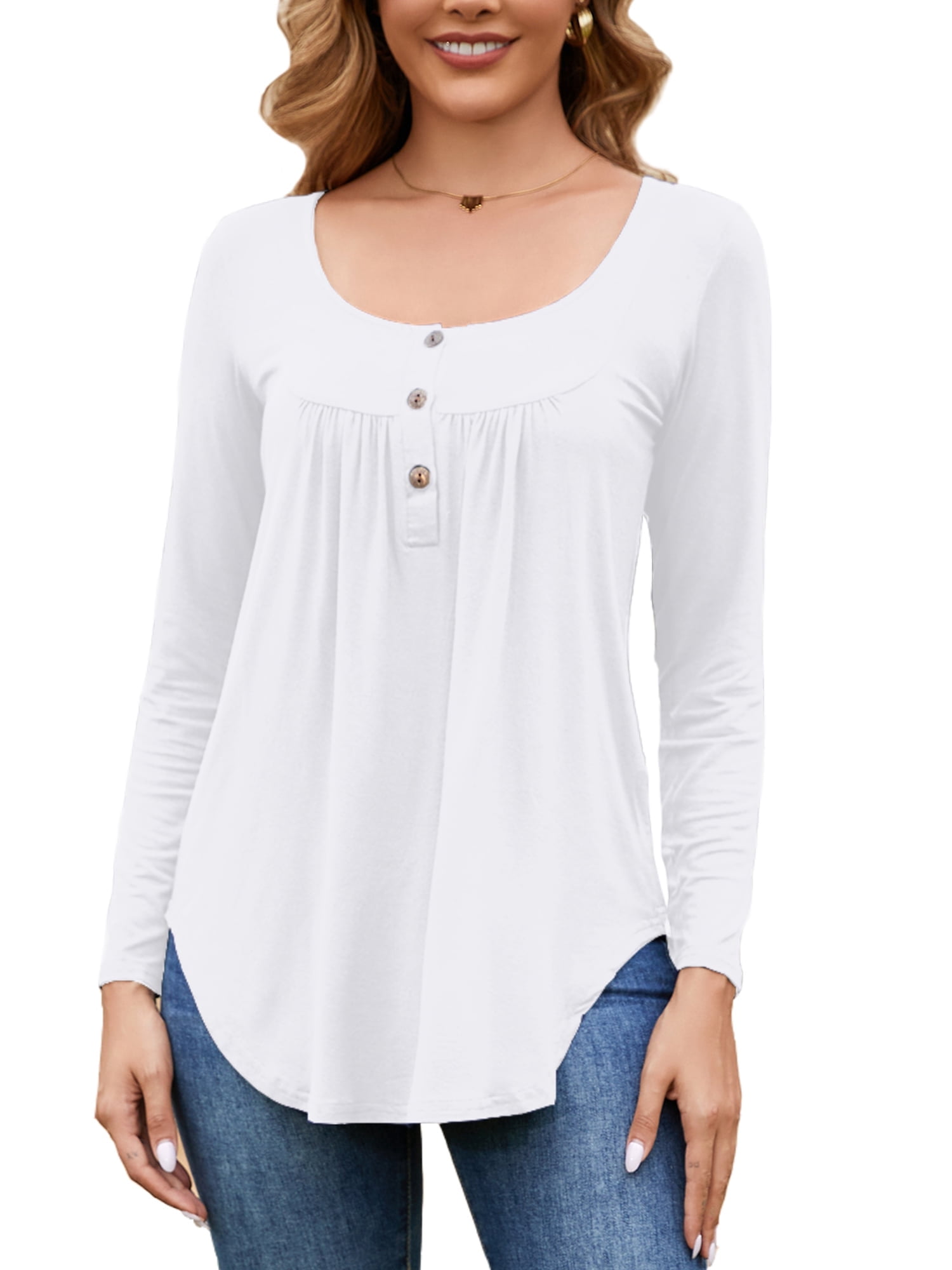 Fancyglim Women's Long Sleeve Henley Shirt Casual Button Up Tunic Tops ...