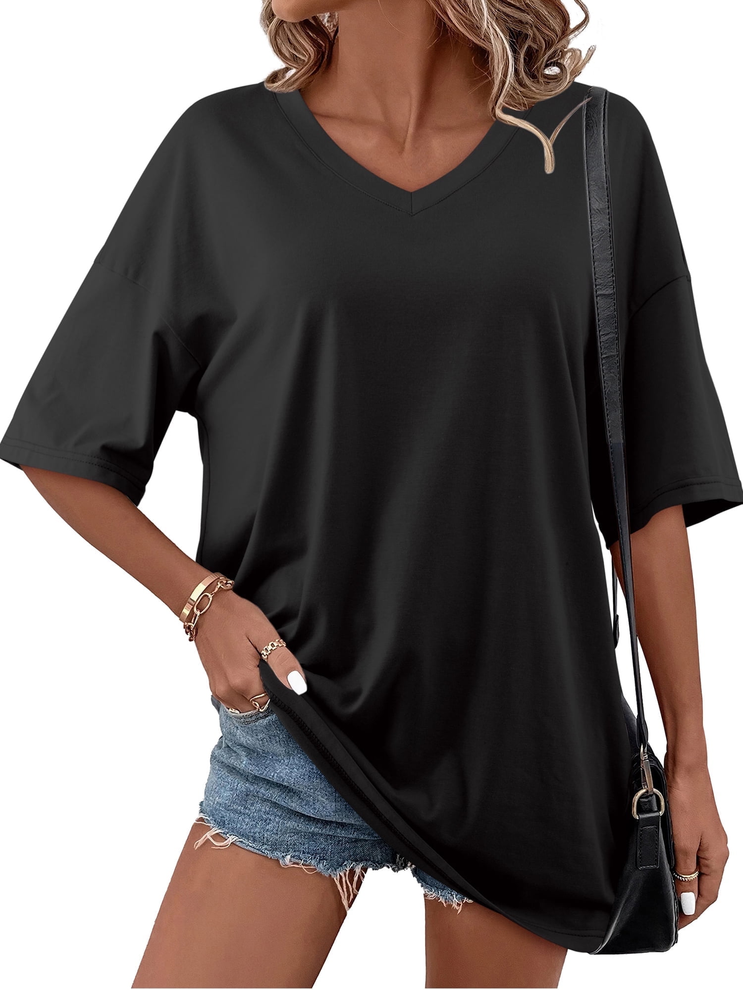 Amoretu Women's V-neck Oversized Tunic Tops, Soft Half Sleeve Summer ...