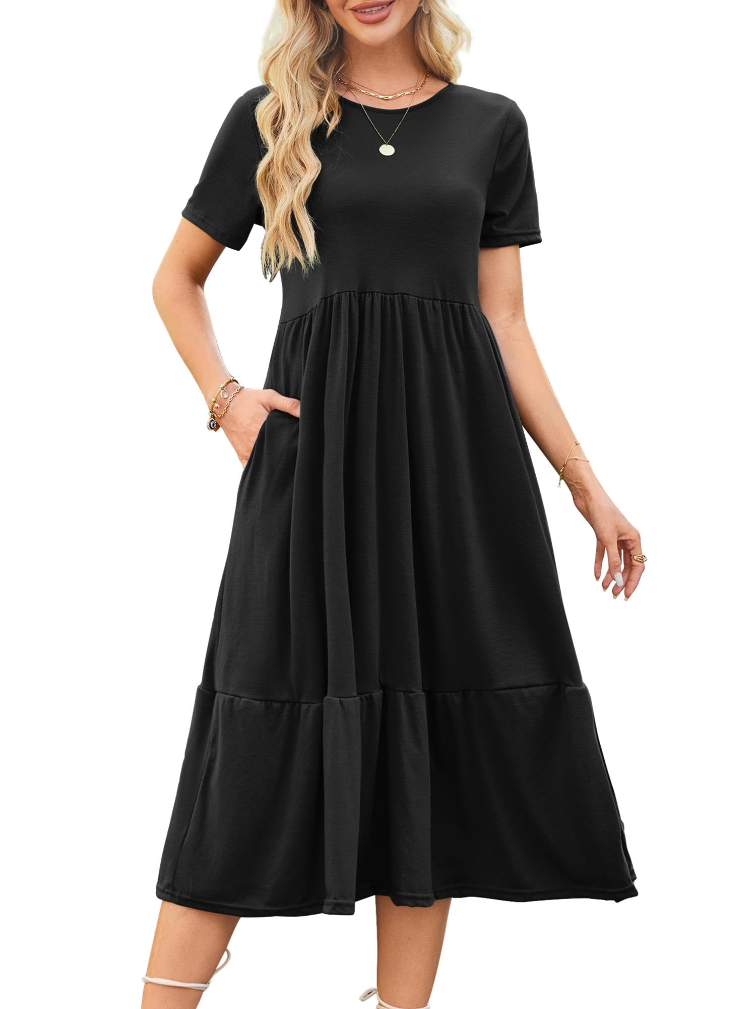 Fancyglim Women's Short Sleeve Dress Summer Crew Neck Long Dresses ...
