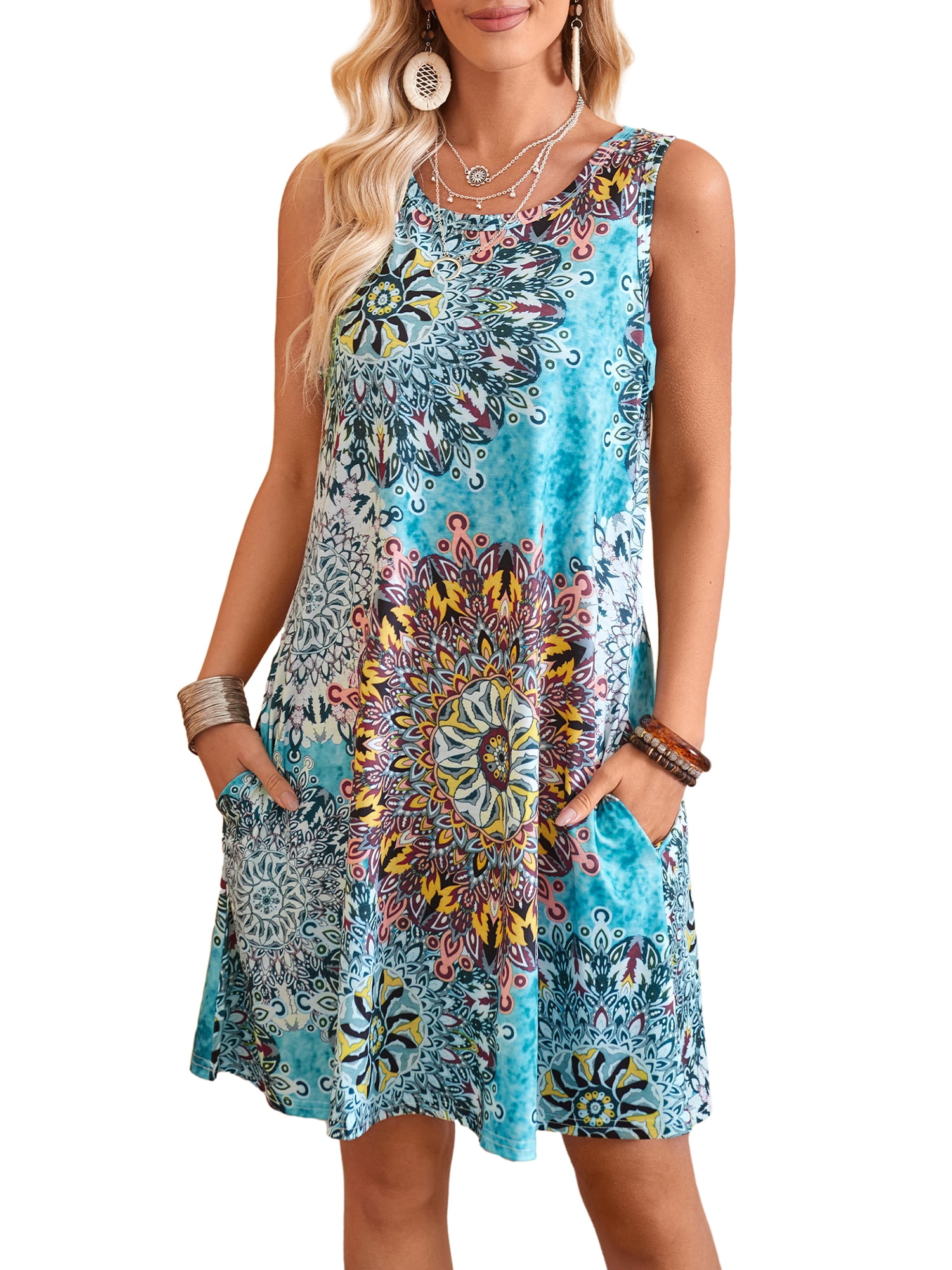 Fancyglim Women's Blue Sleeveless Tank Dress, Crew Neck, Floral ...