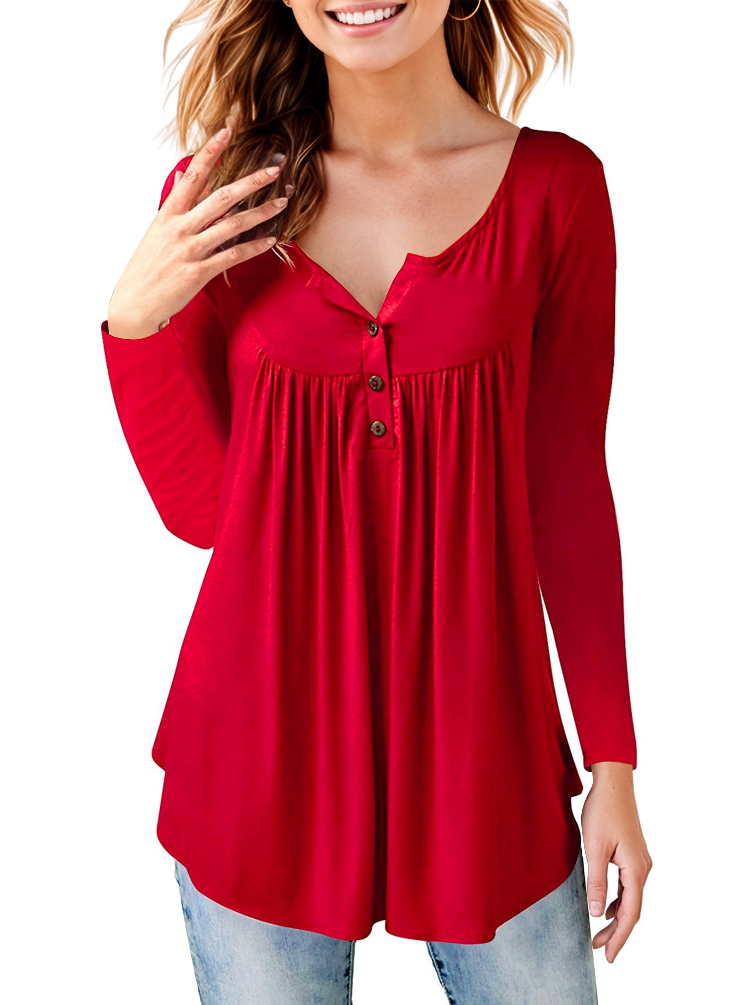 Fancyglim Women's V-Neck Long Sleeve Tunic, Solid Red Color, Stretchy ...