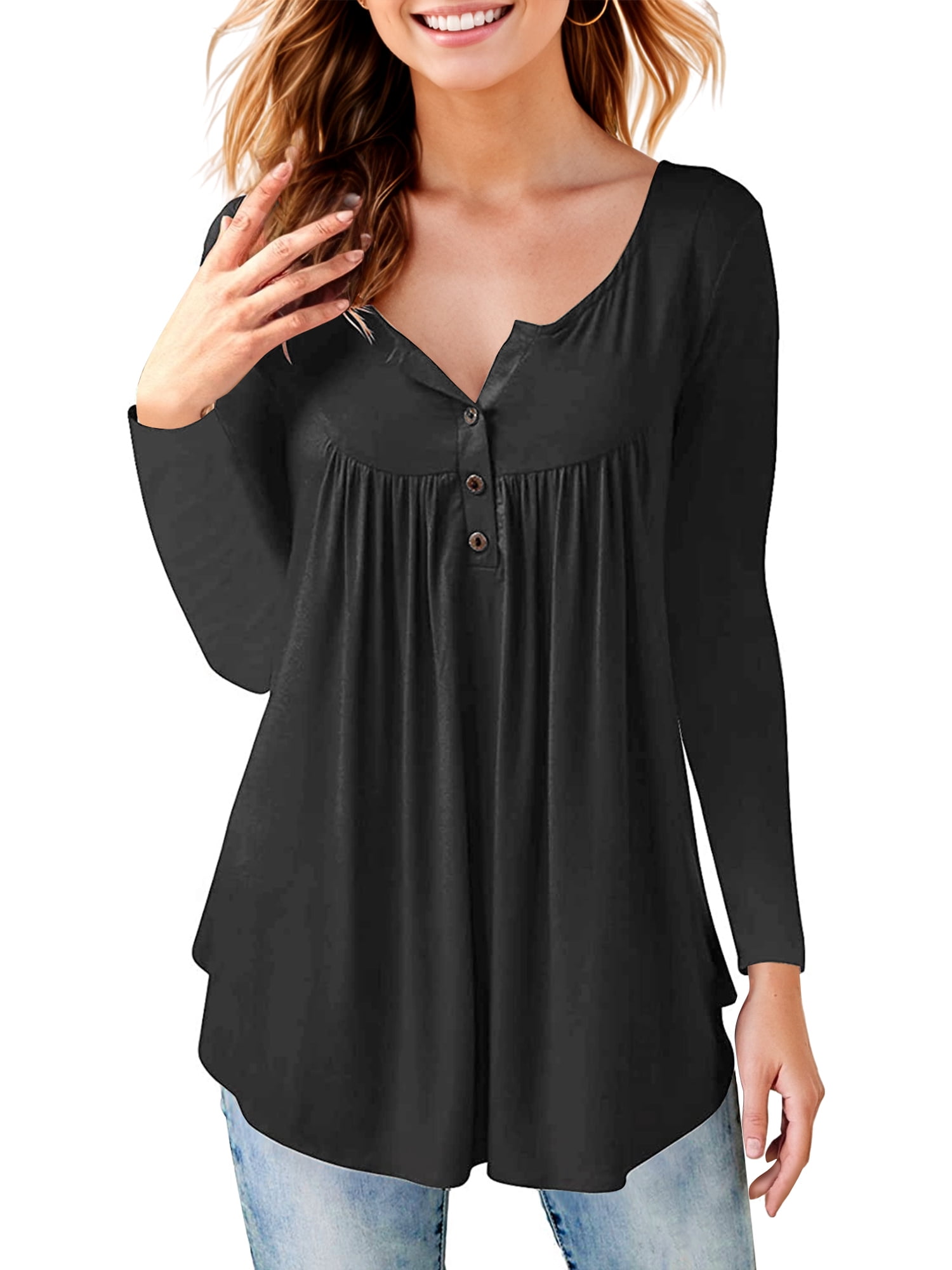 Fancyglim Womens Long Sleeve Henley Top, Casual Flowy Flared Tunic ...