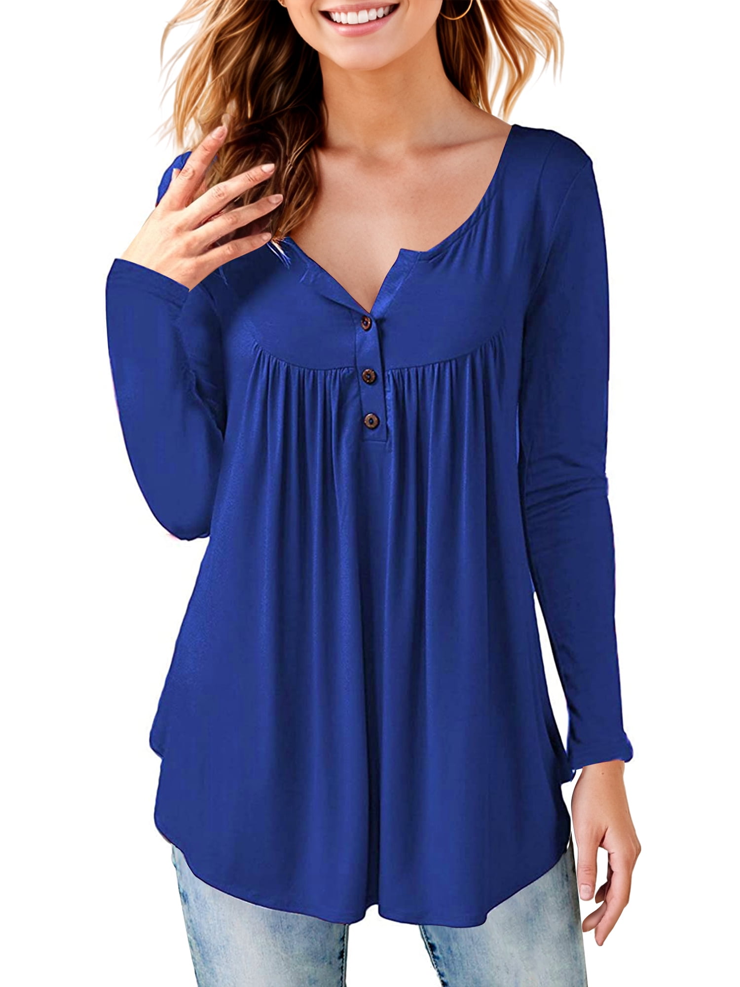 Fancyglim Womens Henley Tops Long Sleeve Casual Flared Tunic Blouse ...