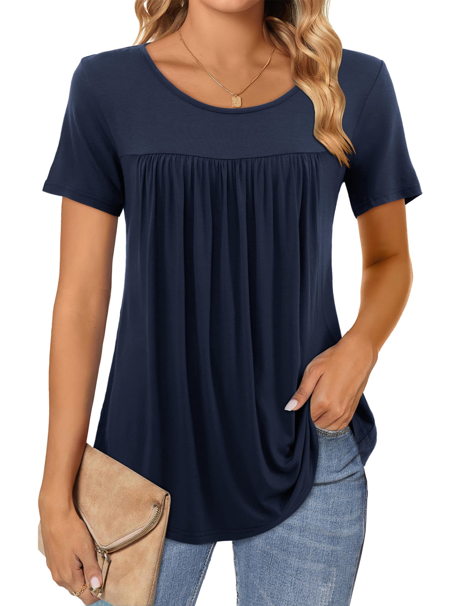Fancyglim Womens Long Shirt Short Sleeve Casual Lightweight Pleated ...