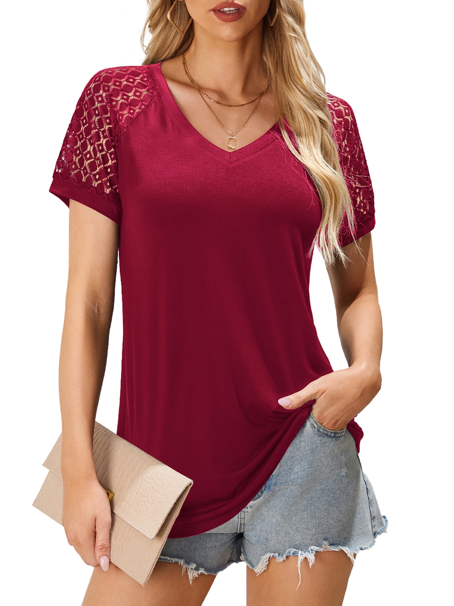Fancyglim Womens Long Shirts Tunic Lace Short Sleeve T shirts V Neck ...